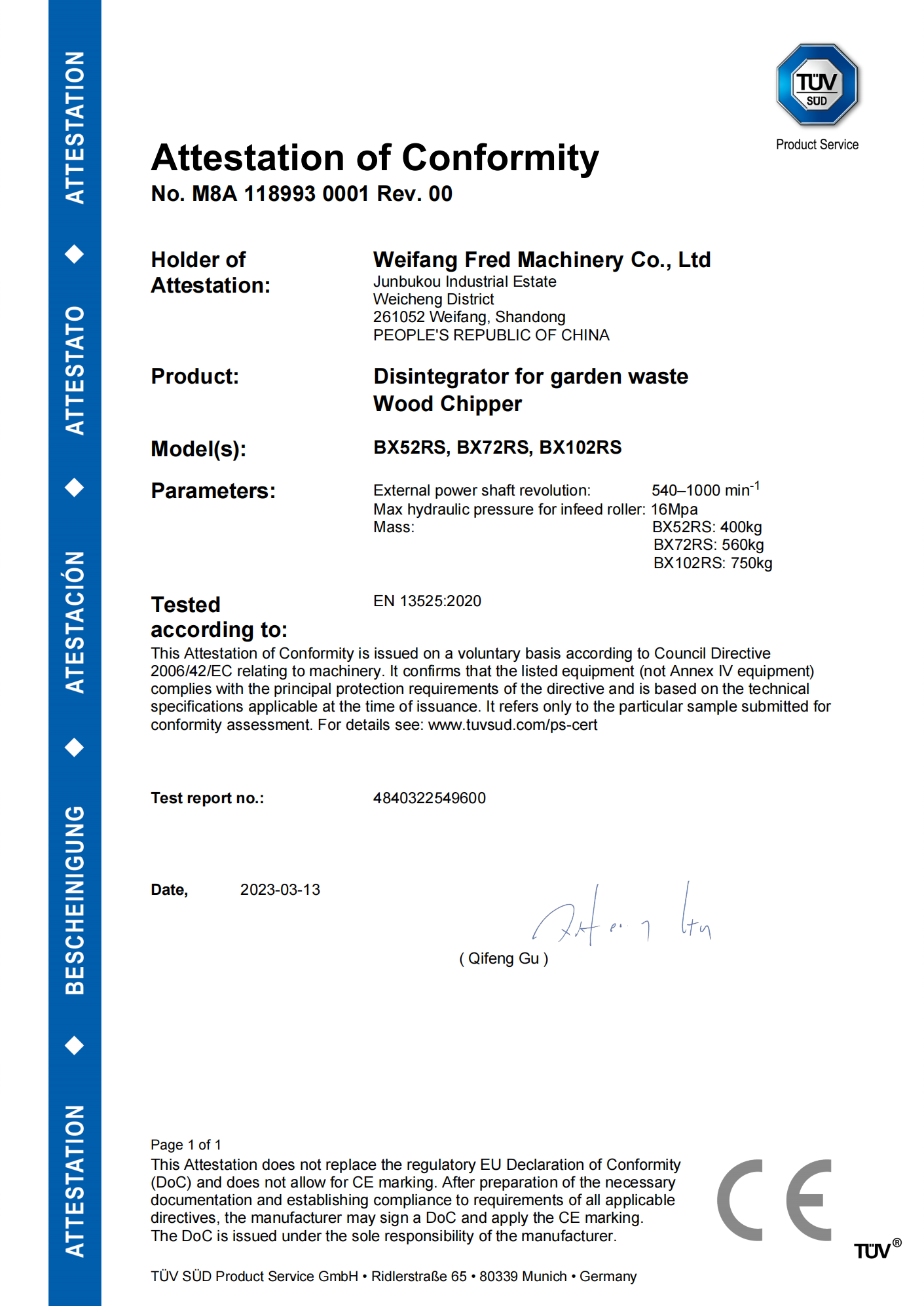 CE and ISO Certificate - Weifang Fred Machinery Co., Ltd.